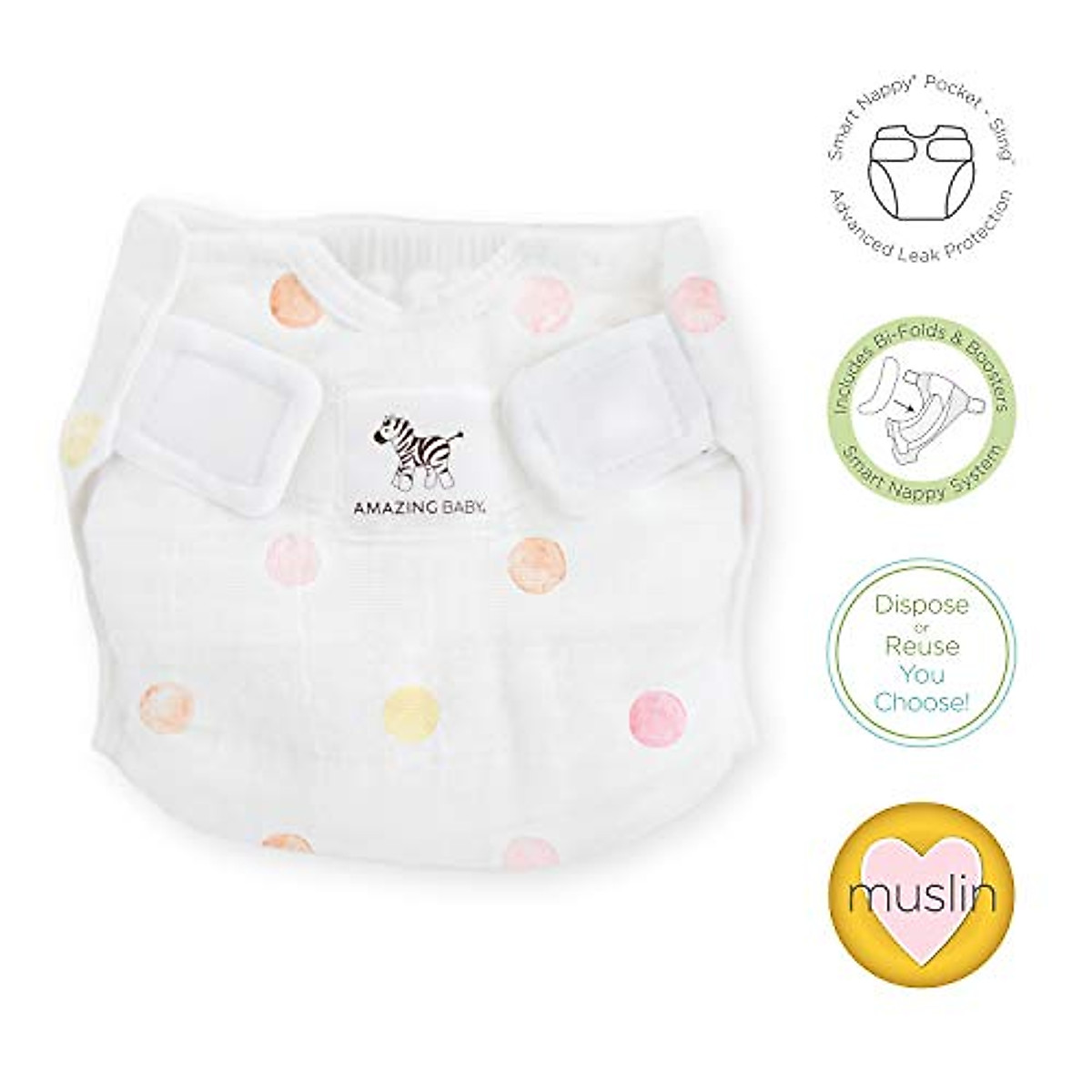 Amazing Baby Cotton Muslin SmartNappy Hybrid Cloth Diaper Cover + 1 Bi-fold Reusable Insert + 1 Booster, Mini Watercolor Dots, Multi Pink, Size 1, 5-10 lbs