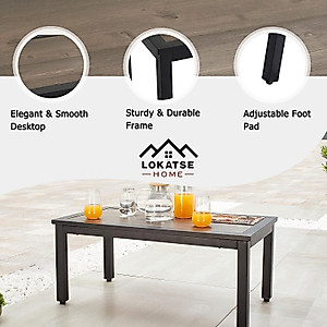 LOKATSE HOME Outdoor Rectangular Metal Coffee Table Patio Furniture with Wood Grain Top for Backyard, Deck, Lawn, Garden, Black