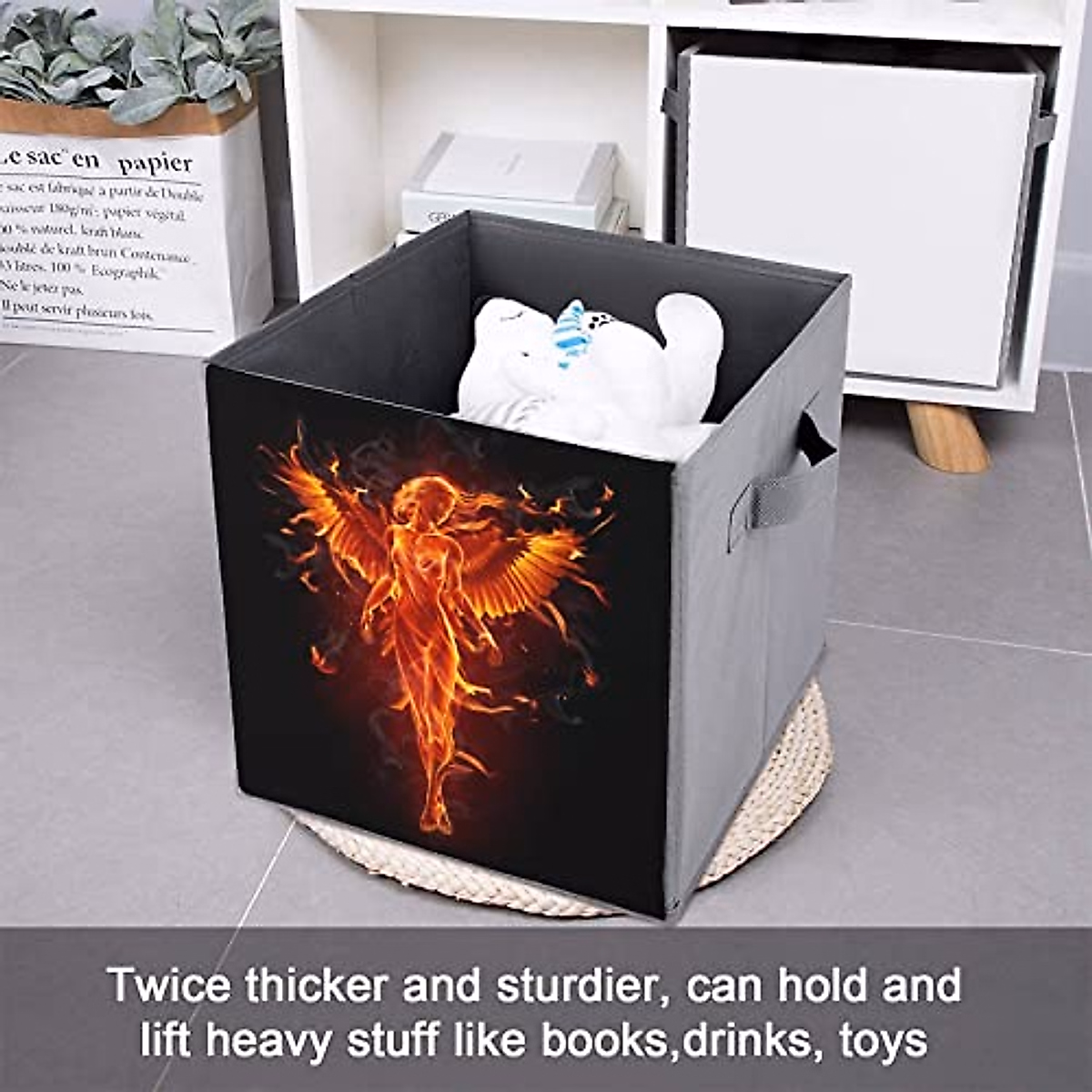 Burning Angel of Flame Canvas Collapsible Storage Bins Cube Organizer Baskets with Handles for Home Office Car