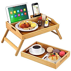 Aodaer 2 Pack Natural Bed Table Tray with Folding Legs Breakfast Food Tray with Phone Tablet Holder Portable Serving Platters Tray with Handles Food Tray for Bed, Kitchen, Eating, Working