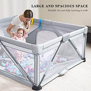 ANGELBLISS Baby Playpen, Foldable Playpen for Babies and Toddlers, Indoor & Outdoor Baby Activity Center with Visible Breathable Mesh, Portable Play Yard with 2 Handlers+50 Balls-59”×71”（Grey）