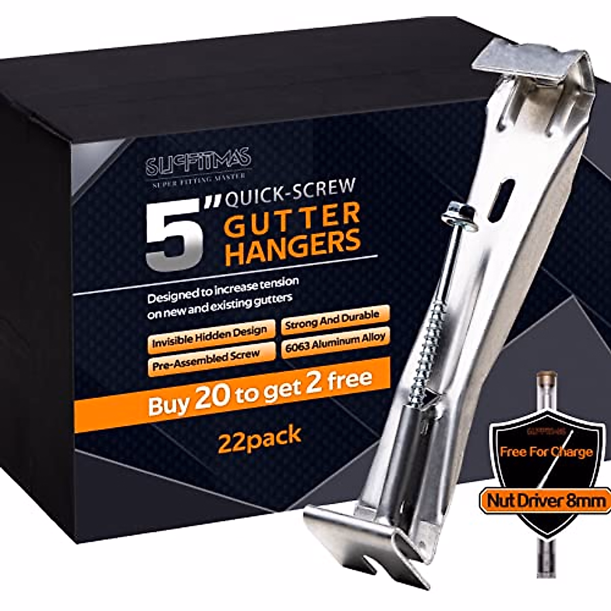 SUPFITMAS Gutter Hangers, 5 inch 22 Pack (+10% Quantity and a Free nut Driver), Premium Hidden Rain Gutter Guard Bracket Hook Accessories with Screw Clip Style, Reinforce Gutters