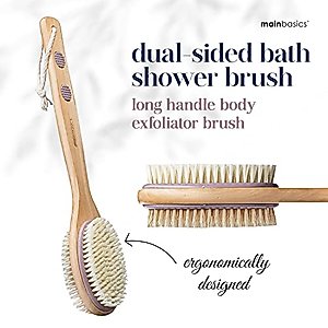 MainBasics Back Scrubber for Shower Long Handle Back Brush Dual-Sided with Exfoliating and Soft Bristles