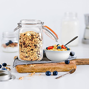 Qianfenie 50 oz Glass Jars with Airtight Lids, Wide Mouth Mason Jars with Clip Top Lids for Kitchen - Square Glass Jars with Chalkboard Labels and Replacement Silicone Gaskets, Set of 4