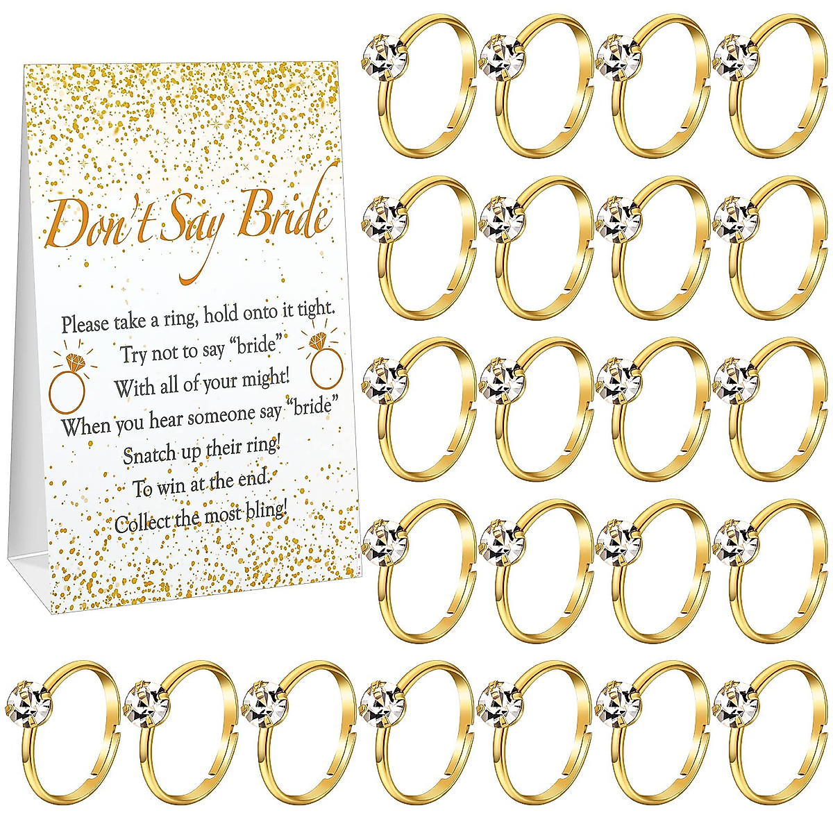 Geosar Ring Game Put a Ring on It Bridal Shower Games with Rings Dont Say Bride Game Rules and 60 Plastic Rings Bridal Shower Favors for Guests Wedding Shower Games(Gold, Confetti)