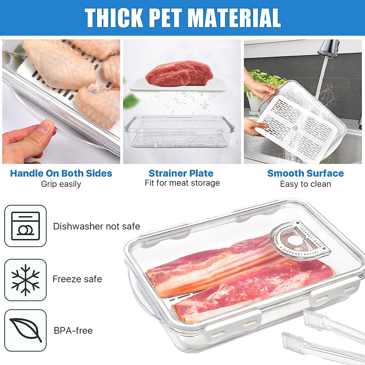 SULICRE 2PCS Bacon Container for Refrigerator, Airtight Thick Plastic Deli Meat Keeper with Lids for Fridge, Kitchen Cold Cuts Food Storage Organizer, Bacon Holder Cheese Saver