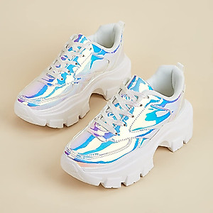 Niluber Women's Chunky Platform Sneakers Lace-Up Casual Fashion Walking Sport Shoes(White Hologram,7)