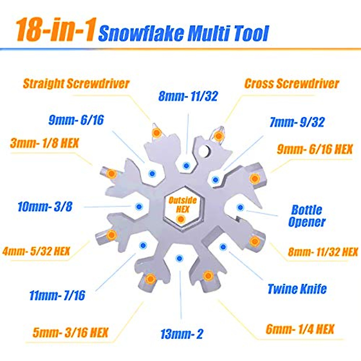 18-in-1 Snowflakes Multi Tool, Stainless Steel Keychain Multitool Portable Snowboarding Screwdriver -Bottle Opener for Christmas Gift for Mens