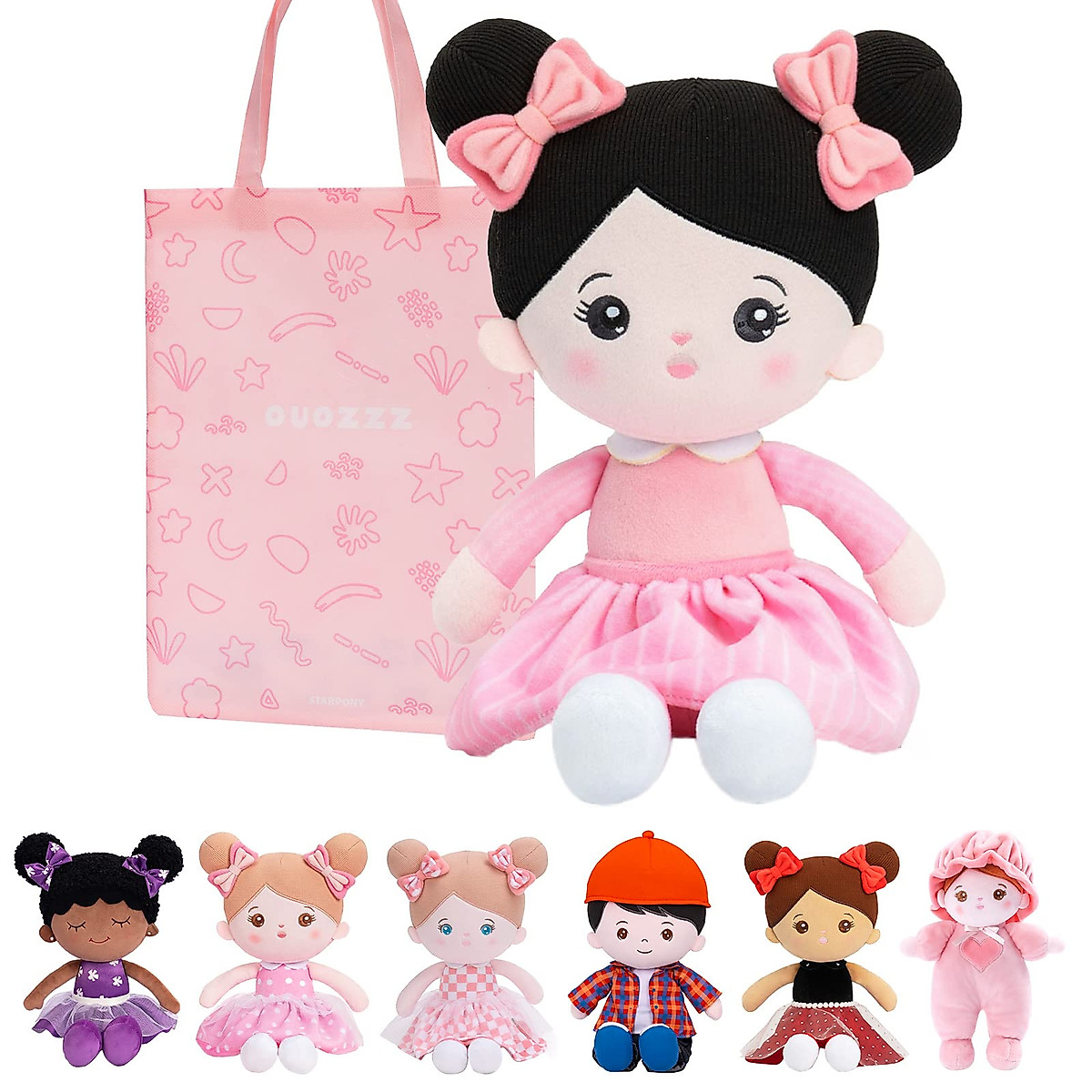 OUOZZZ 15" Soft Baby Doll for Girls Black Hair Pink Dress & Baby Girl Gifts Mermaid Toys - 6 Pieces Plush Toys Stuffed Animal Playset