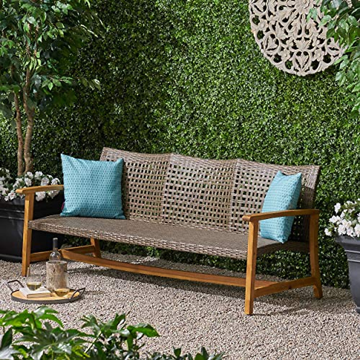 Great Deal Furniture Marcia Outdoor Wood and Wicker Sofa, Natural Finish with Mix Mocha Wicker