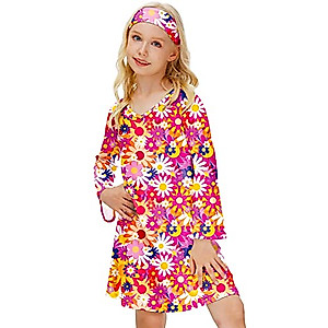 60s Dress 70s Hippie Halloween Pink Floral Long Sleeve Gogo Dresses Pink 7-8 Years