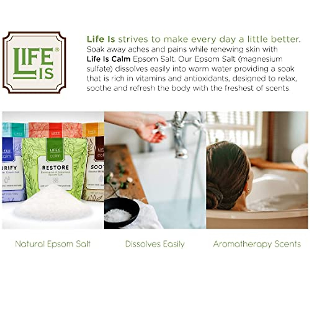 Life Is Calm Epsom Salt Spa 6-Pack l Dissolvable Therapy Formulas for Bath (Restore, Clense, Relax, Balance, Purify & Soothe)