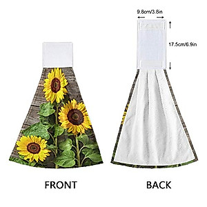 Vintage Sunflowers Kitchen Towels Sets Summer Wood Board Hanging Hand Towel Dish Towel with Loop 2PCS, Soft Super Absorbent Dishcloths Fingertip Towel for Bathroom Washroom Guestroom Hotel 12x17 In