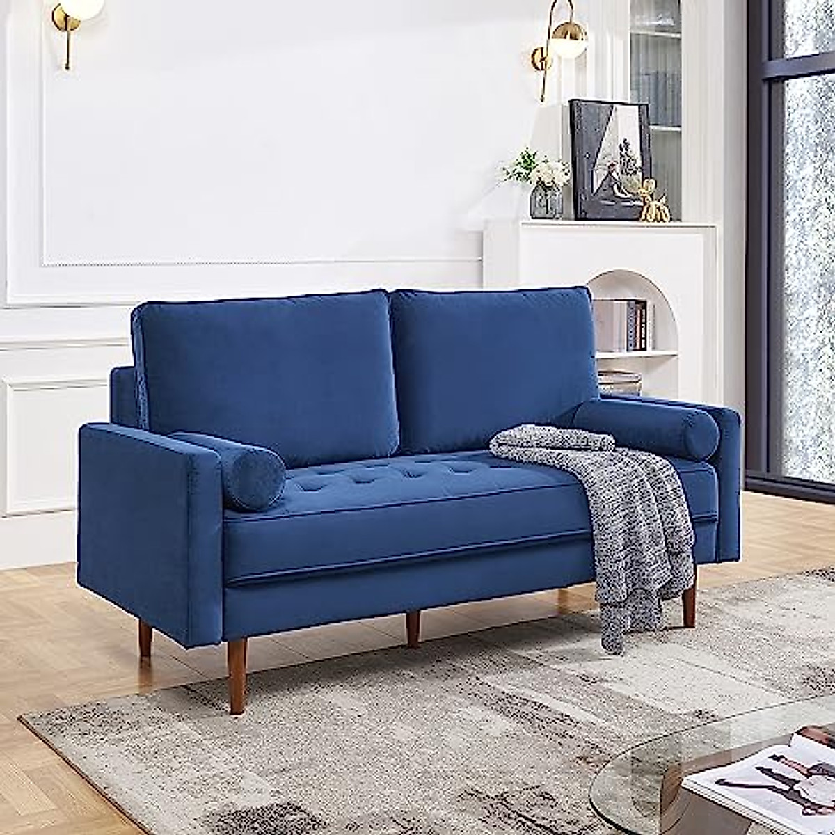 HomePop 3 Seater Velvet Sofa, Modern Couches for Living Room,Small Spaces, Dorm, Apartment, Blue