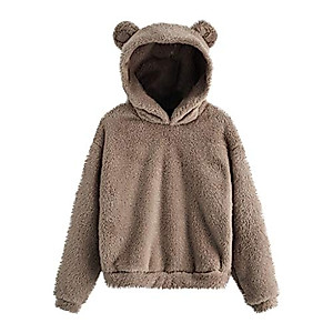Womens Casual Hooded Sweatshirt Loose Drawstring Pullover Hoodies Long Sleeve Solid Bear Ear Sweatshirt Tops