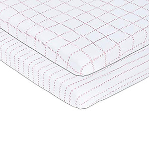 Petit Dreams Pack N Play Mini-Crib Sheet Jersey Knit Cotton for Baby Girl Flexible Fit for Standard Mini-Crib Mattresses, Dotted Stripes & Grid Lines, Pink, (Pack of 2)