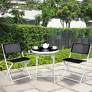 Tangkula 3 Pieces Folding Patio Bistro Set, No Assembly Required, Outdoor Folding Chairs & Table Set with Tempered Glass Tabletop, Outdoor Furniture Set for Garden, Poolside & Backyard (Black)