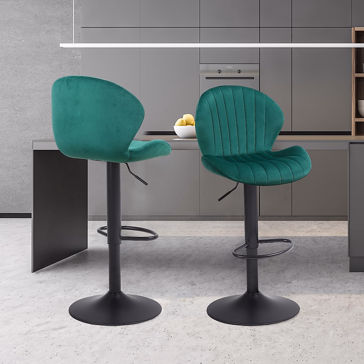 Youhauchair Modern Bar Stools Set of 2, Velvet Height Adjustable Swivel Barstools, Armless Kitchen Island Counter Chairs with Back & Footrest, Green