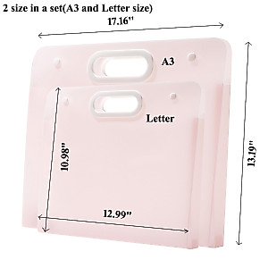 2pcs Plastic Art Portfolio Folder 17.32x13.22inch and 12.99x11inch Arts Storage Case for Diamond Painting, Student Drawing Container, Kids Artworks Keepsakes Storage Case,A3 and Letter Size (Pink)