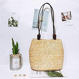 QTKJ Women Retro Bucket Straw Bag Handwoven Rattan Beach Tote Shoulder Bag with Brown Bead (Beige)