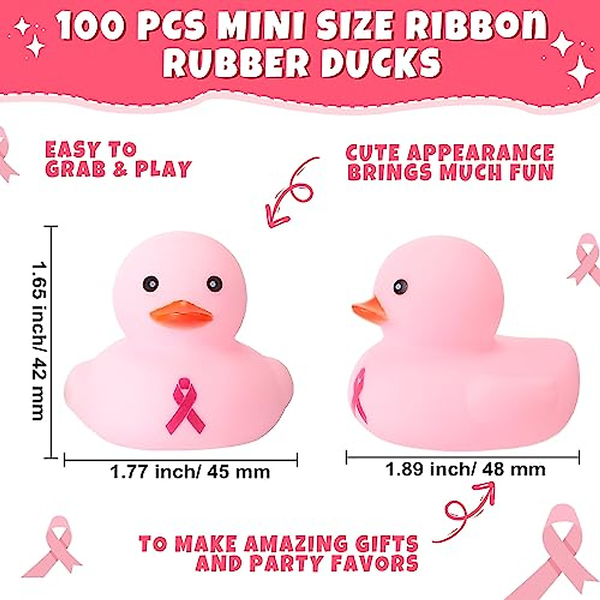 Libima 100 Pcs Mental Health Gifts Ribbon Rubber Duck Leukemia Awareness Products Health Awareness Gifts Small Rubber Ducky for Cancer Health Disease Event Public Charity Supplies (Pink, Rose Red)