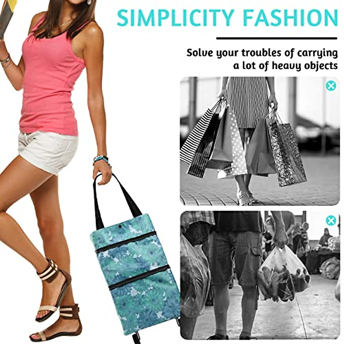 Foldable Shopping Bag with Wheels, Collapsible Portable Trolley Bags, Tote Grocery Bags Shopping Cart