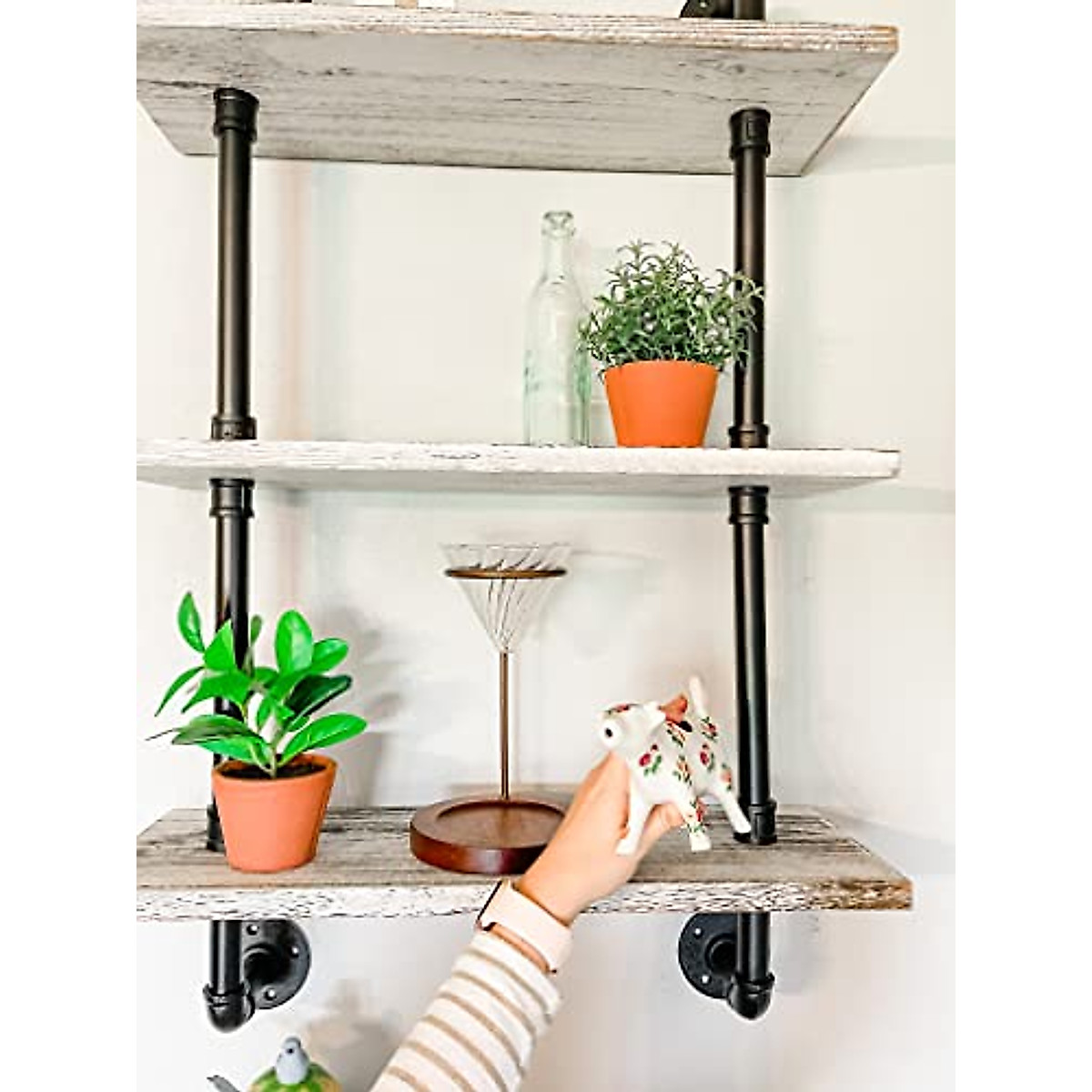 3-Tier Industrial Shelves – Wall-Mount, Farmhouse Shelves w/ Rustic Wood and Black Matte Pipe Brackets for Kitchen, Laundry Room, Living-Room and More – Decorative, Retro Bookshelf - Rustic White