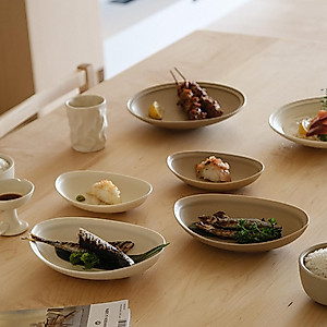 WENSHUO Oval Boat-shaped Platter, Ceramic Plate for Snacks, Food, Cookies, Dessert, Salad, 7 Inch Set of 6, Matte Crème