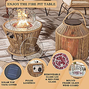 BULEXYARD 9 Piece Boho Patio Furniture Sets with Propane Fire Pit Table, Small Outdoor Bistro Chairs Sectional Sofa Conversation Set w/Gas Firepit, Egg Chair, Ice Bucket for Backyard, Lawn (Natural)