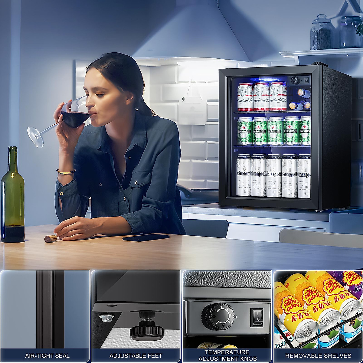 Antarctic Star Beverage Refrigerator Cooler-68 Can 16 Bottle Mini Fridge for Soda Beer Wine Champagne,Glass Door, Drink Dispenser, Knob Control,for Home and Bar,1.7Cu.Ft,Black…