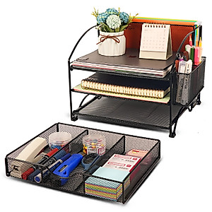 Samstar Desk File Organizer, Multi-Functional Paper Letter Tray Vertical Upright Section for Hanging File Folders,with Pen Holders,Black