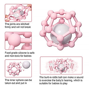 Baby Teethers Toys Silicone Soft Ball Easy to Hold Teether for Sensory Ball Exploration & Teething Stress Relief Molar Ball Soothing Teether Toy Baby Ball for Ages 0 Months+,(Rattle Teether Ball-Pink)