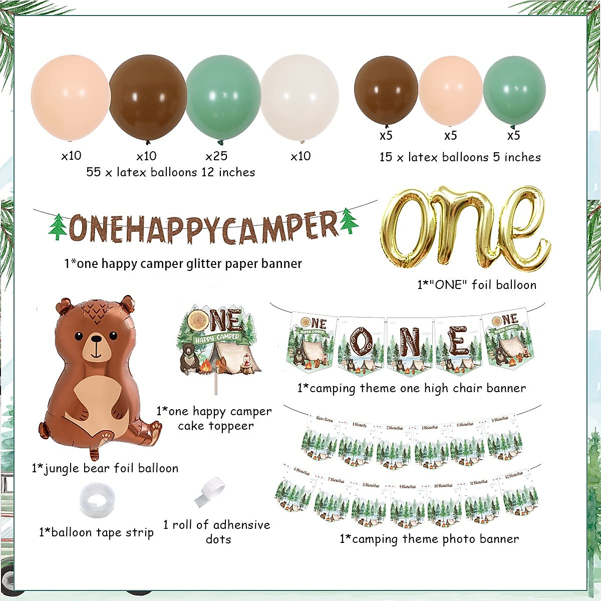 One Happy Camper Birthday Decorations for Kids Green Balloon Garland One Happy Camper Photo Banner Cake Topper 1st Forest Camping Birthday Backdrop Adventure Let’s Go Camping Party 1st Supplies