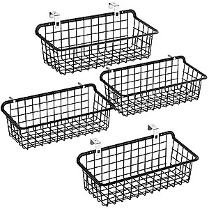 Wall Basket, Packism 4 Pack Hanging Wire Baskets for Organizing Small Versatile Bathroom Organizer Hanging Wall Basket for Bathroom Kitchen Bedroom Garage Add Extra Storage, Easy to Install, Black