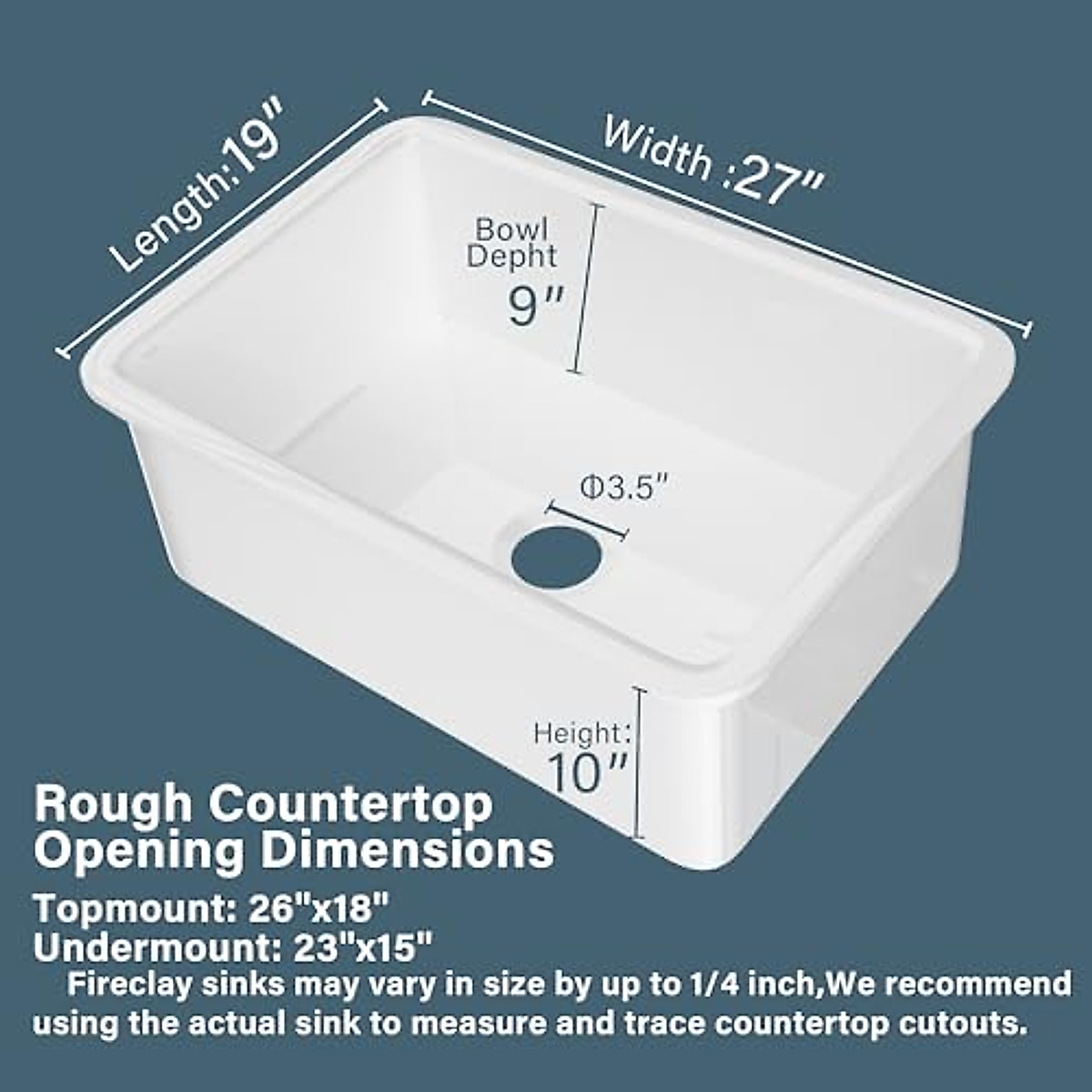 Kitchen Sink Drop In 27"x19" HOMLYLINK Pure White Kitchen Sink Undermount Kitchen Sink Dual Mount Drop In Kitchen Sink 27 Inch Single Bowl Fireclay Sink Custom Accessories Included