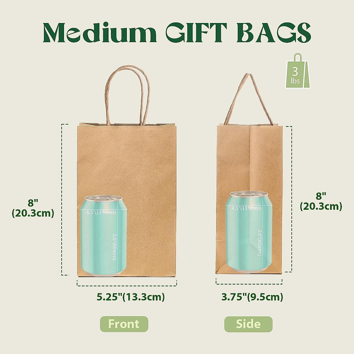 MESHA Kraft Paper Bags 5.25x3.75x8 Brown Small Gift Bags with Handles Bulk,100 Pcs Kraft Paper Bags for Small Business,Birthday Wedding Party Favor Bags,Paper Shopping Bags
