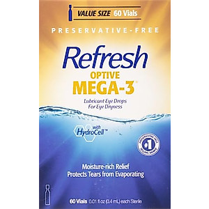 Refresh Optive MEGA-3 Lubricant Eye Drops Preservative-Free Artificial Tears, 0.01 fl oz (0.4 mL), 60 Single-Use Containers