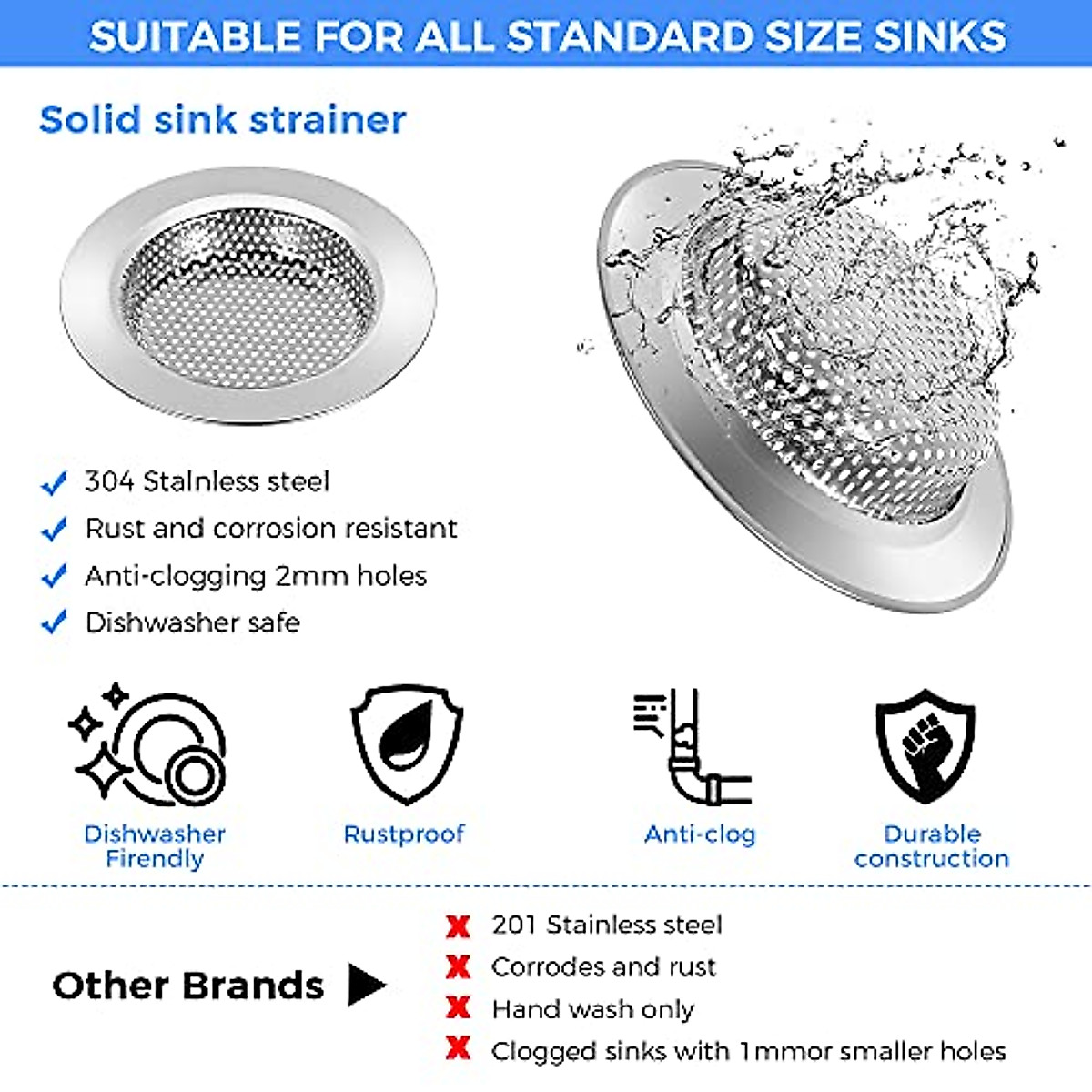 4 Pcs Kitchen Sink Strainer Stopper Kit, 4.5 Inch Stainless Steel Sink Drain Strainer, Thicken Drain Filter Strainer with Large Wide Rim, 6 inch Silicone Tub Stopper, Universal Rubber Drain Stopper