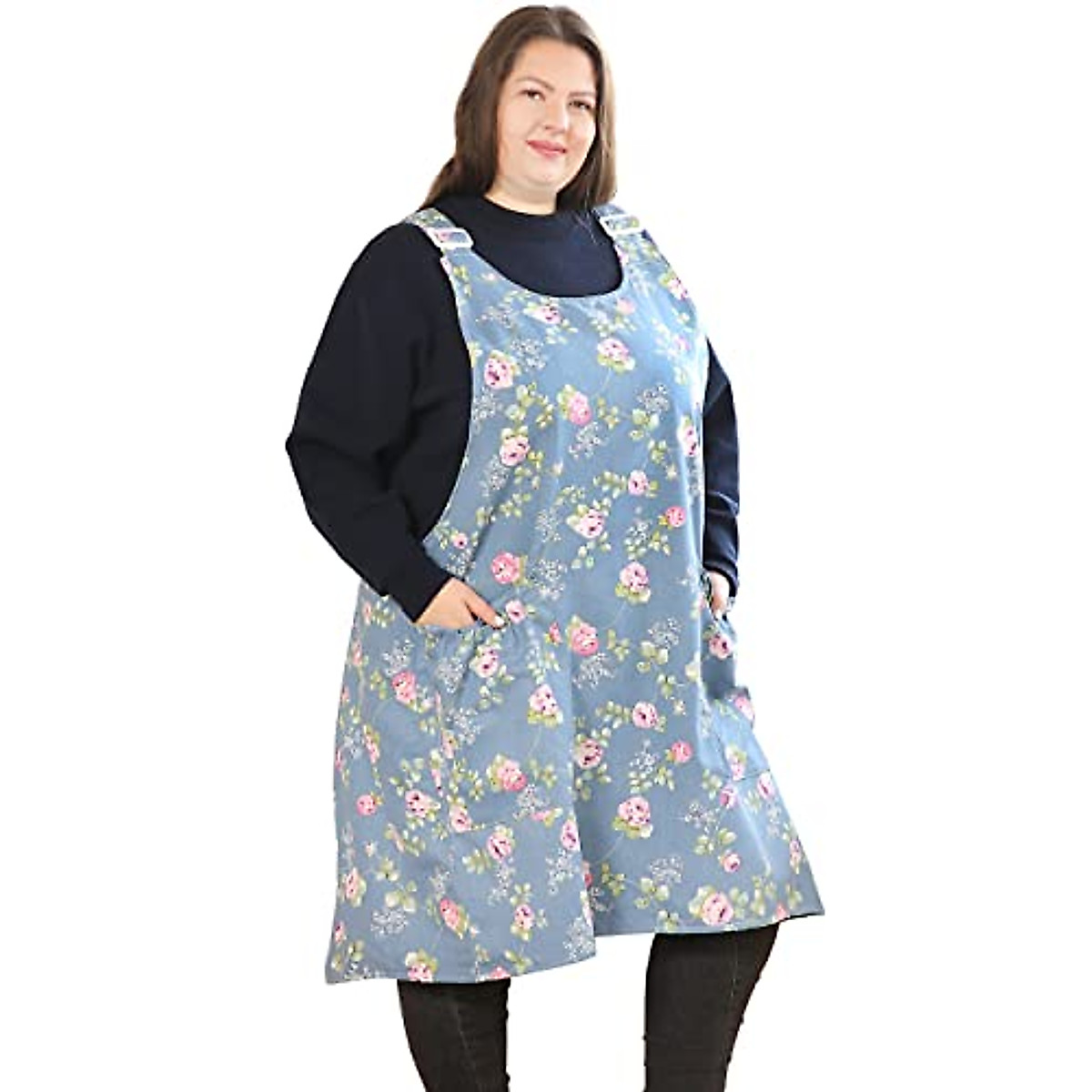APRONNER Big Plus Size Aprons for Women with Pockets Cotton Linen Baking Kitchen Cooking Rose Flower