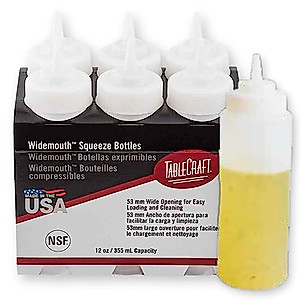 Tablecraft Plastic Condiment Squeeze Bottles, Foodservice Restaurant Commercial Grade Widemouth 53mm Empty Squirt Dispenser for Ketchup, Mustard, Syrup, Food Prep, 12 oz, 473 mL, Clear, 6 Bulk Pack