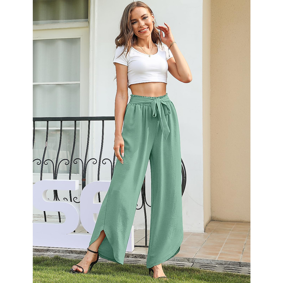 TARSE Dress Pants Women High Waisted Wide Leg Lounge Pants Plus Size Pants Curved Split Leg Pants Teacher Outfits with Pockets?LightGreen,XL?