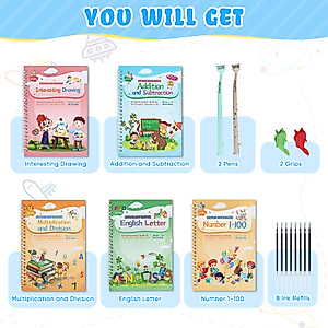 ASIGN Magic Ink Copybooks for Kids Reusable Handwriting Workbooks for Preschools Grooves Template Design and Handwriting Aid (ENLARGED-Version 4books+Pens)