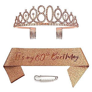 Ceqiny 80th Birthday Sash Tiara and Crowns for Girls, Birthday Queen Rose Gold Tiara, Princess Tiara Rhinestone Headbands with Combs Bridal Wedding Tiaras for Wedding Prom Bridal Party Christmas