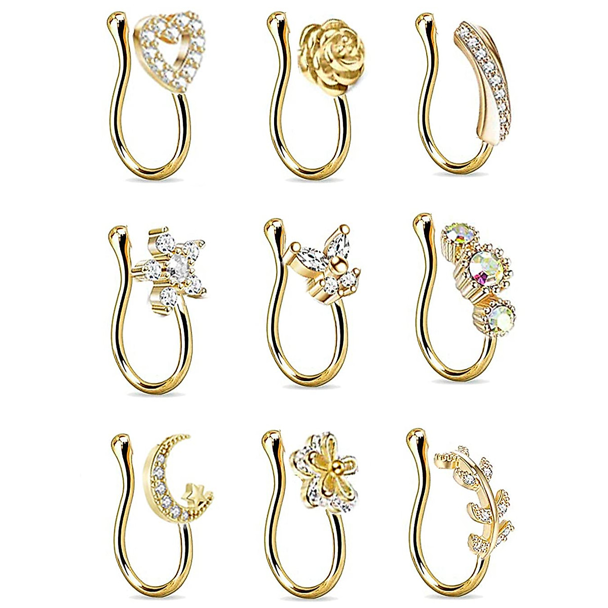 YOVORO 9Pcs Fake Nose Rings Hoop for Women Faux Cartilage Tragus Ring Nose Cuff Non Piercing Jewelry Set G