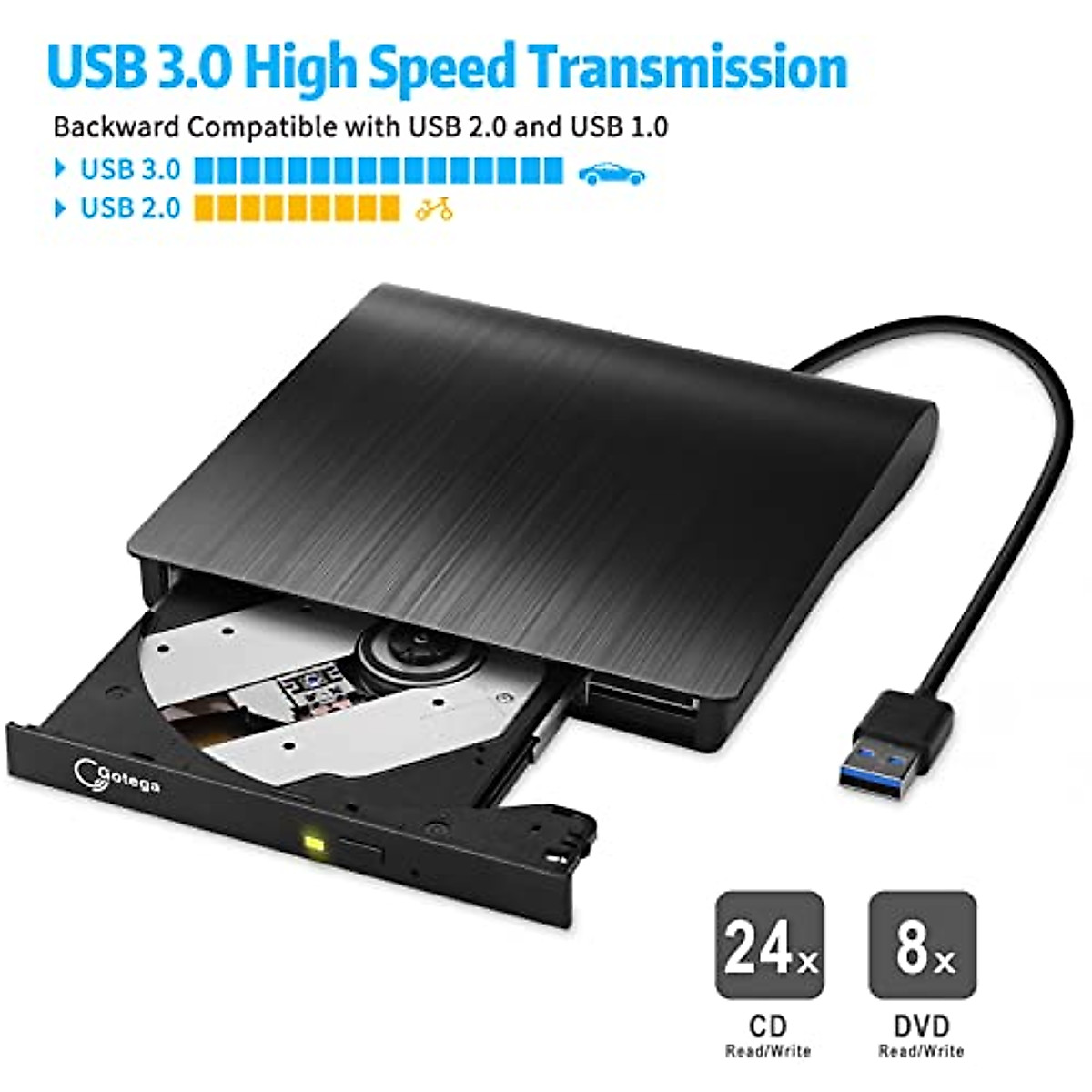 Gotega External DVD Drive, USB 3.0 Portable CD/DVD +/-RW Drive/DVD Player for Laptop CD ROM Burner Compatible with Laptop Desktop PC Windows Linux OS Apple Mac Black