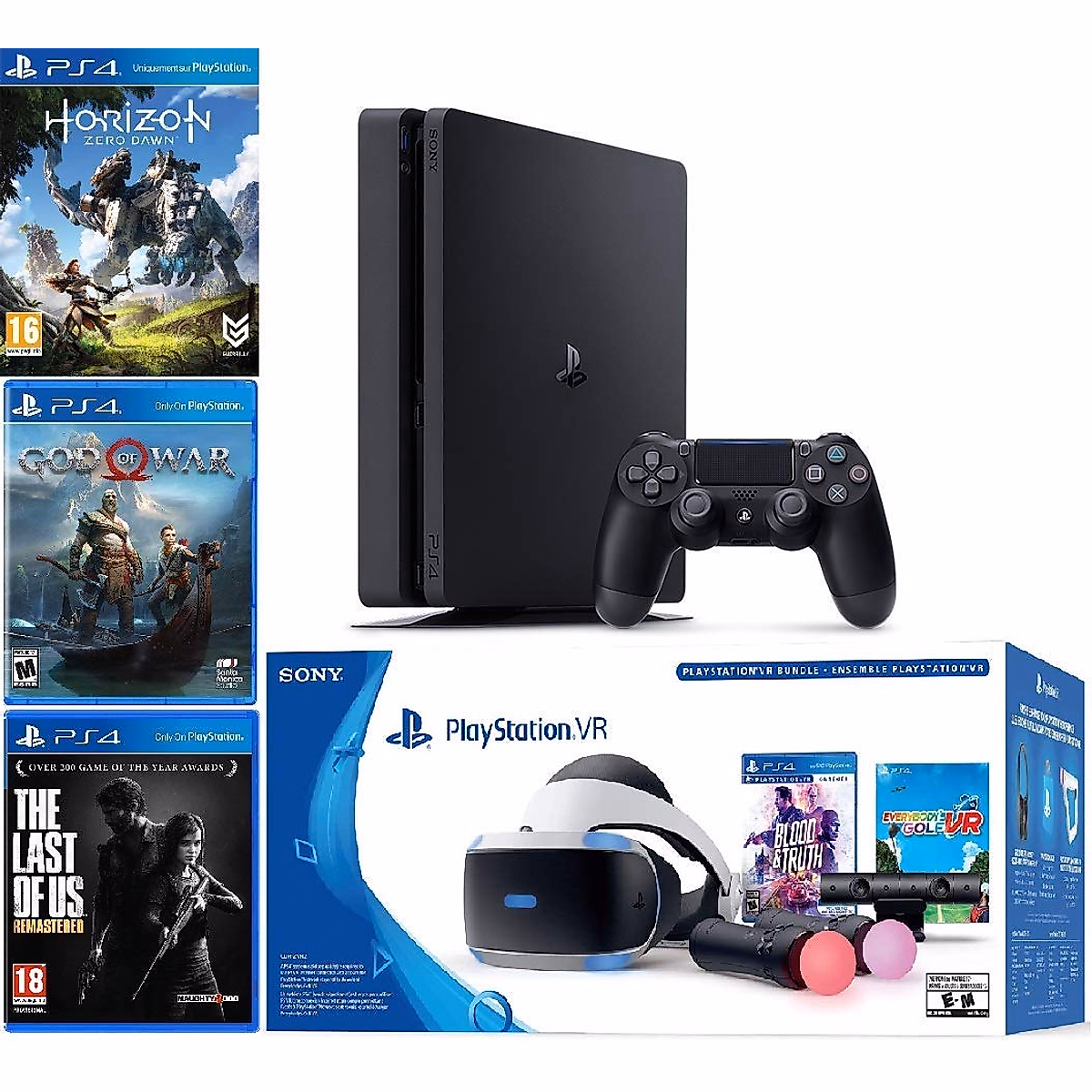 2019 Playstation 4 Slim PS4 1TB Console + Playstation VR Headset + Playstation Camera + Playstation VR Move Controllers + 5 Games Bundle (Renewed)