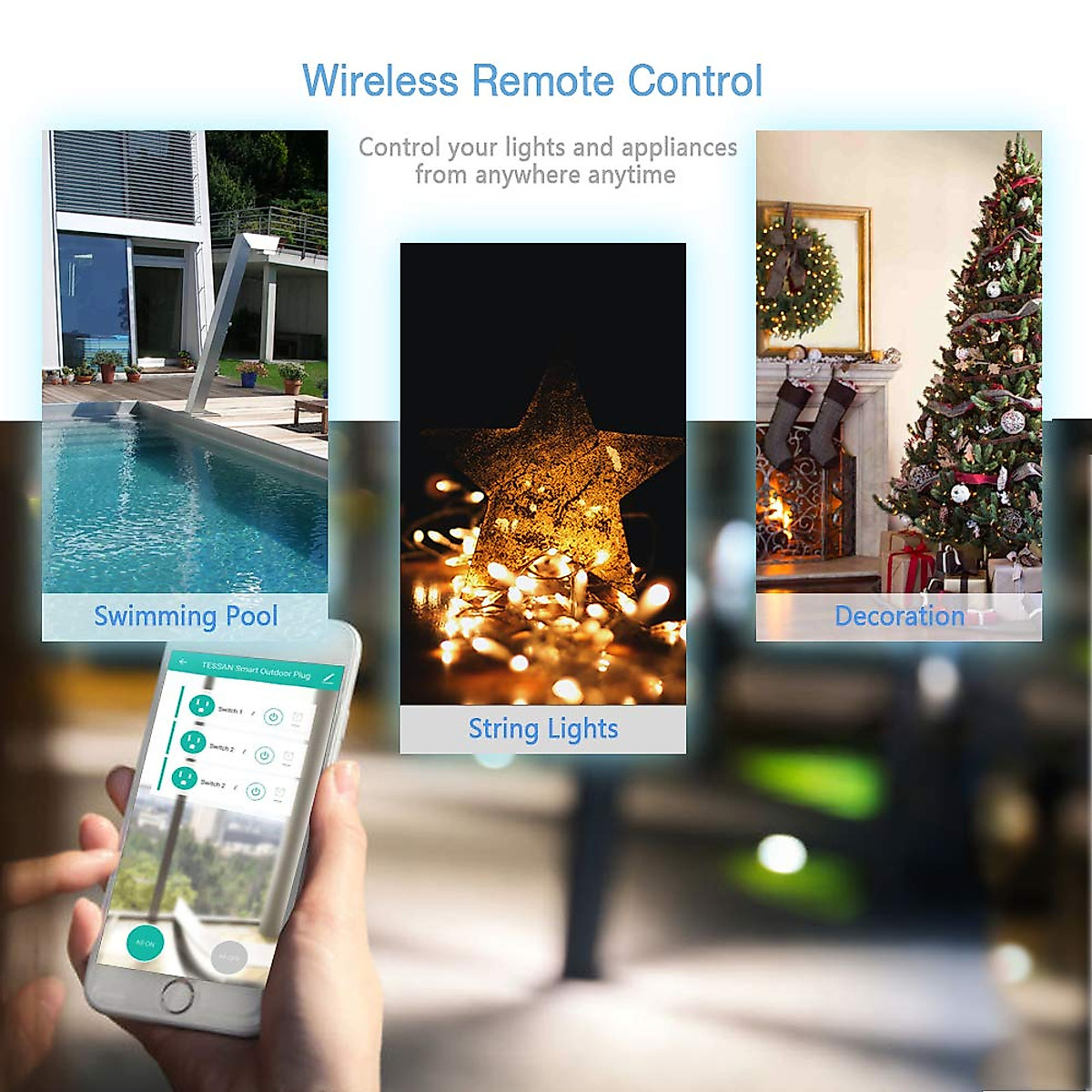 Outdoor Smart Plug, TESSAN WiFi Smart Outlet Switch with 3 Individual Sockets Work with Alexa Echo Google Home, Wireless Remote Control Outlet,Timer by Smartphone, Weatherproof Outdoor Power Strip