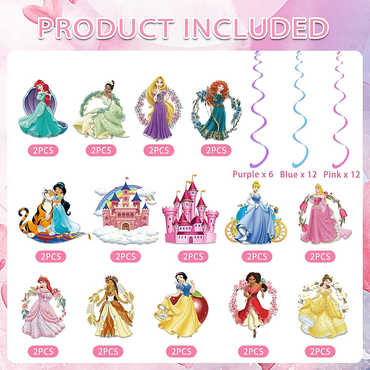 58 Pcs Princess Party Supplies Decorations Hanging Swirls,Princess Party Swirls Streams for Girls Princess Birthday Party Supplies