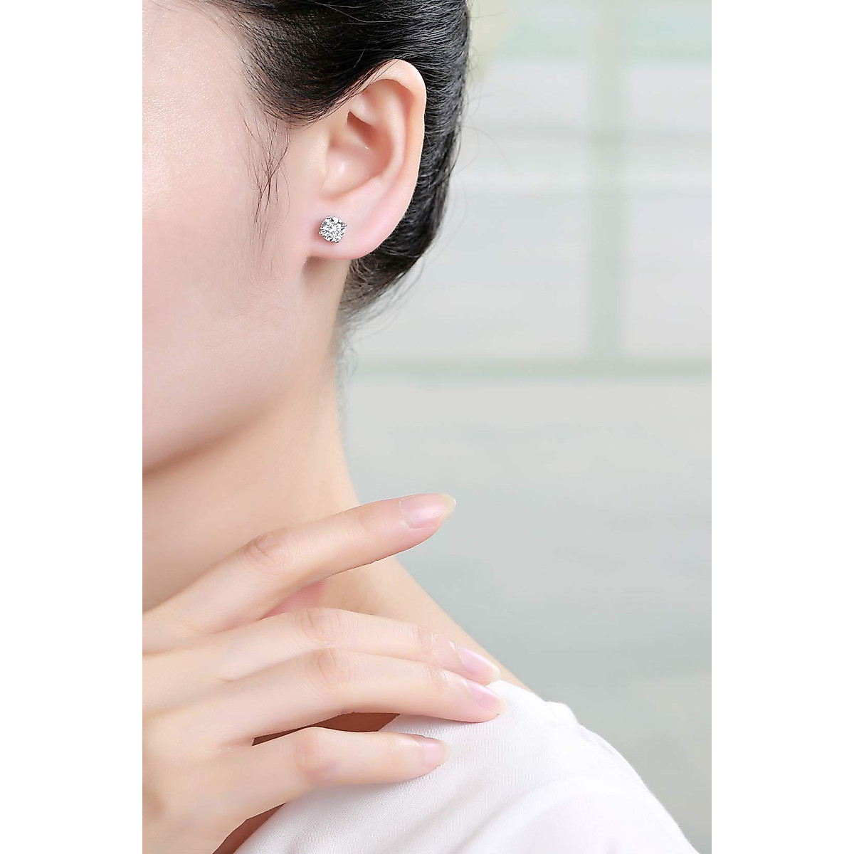 Sterling Silver Rose Opal Birthstone Stud Earrings Cubic Zirconia Diamond Gemstone Hypoallergenic Nickel Free Women Girl Men Fine Jewelry (White)