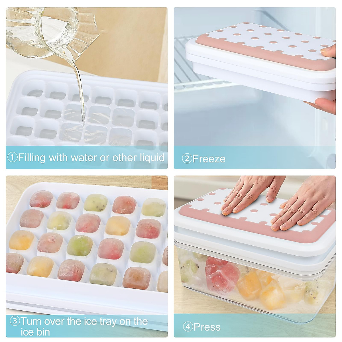 Bezioner Ice Cube Tray with Lid and Bin, Flexible Ice Cube Trays for Freezer, Easy-Release Silicone Ice Cube Molds for Whiskey Cocktails Bourbon Drinks Coffee (Pink)